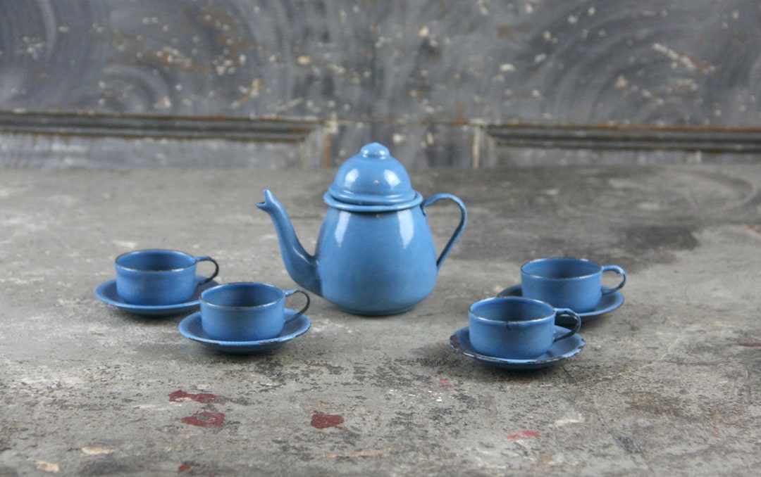 Antique Miniature Enamelware Tea Set, Blue Graniteware, Pretend Play ...