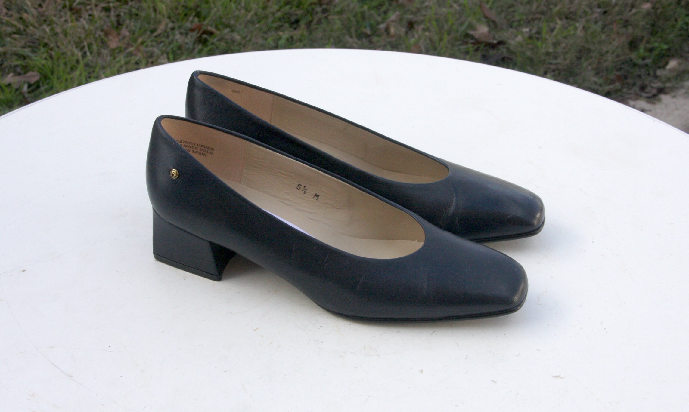 Etienne Aigner Leather Low Heel Pumps, Dark Navy, Size 5 1/2 M, 1 1/2 ...