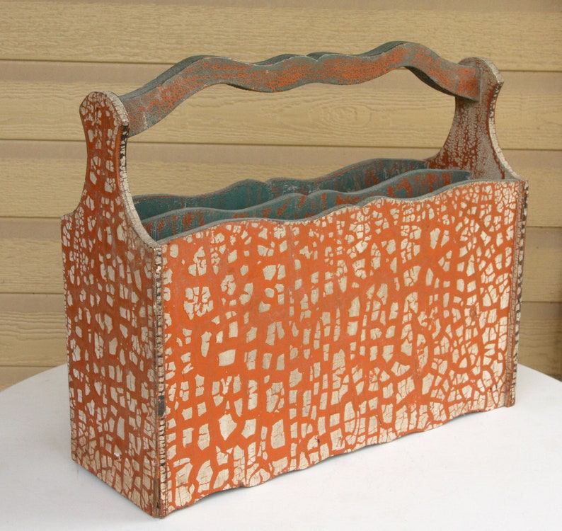 Magazine Rack, Orange Crackle Paint, Two Compartments, Vintage - Etsy