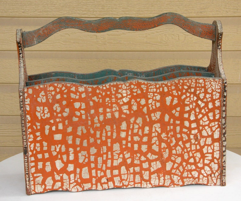 Magazine Rack, Orange Crackle Paint, Two Compartments, Vintage - Etsy