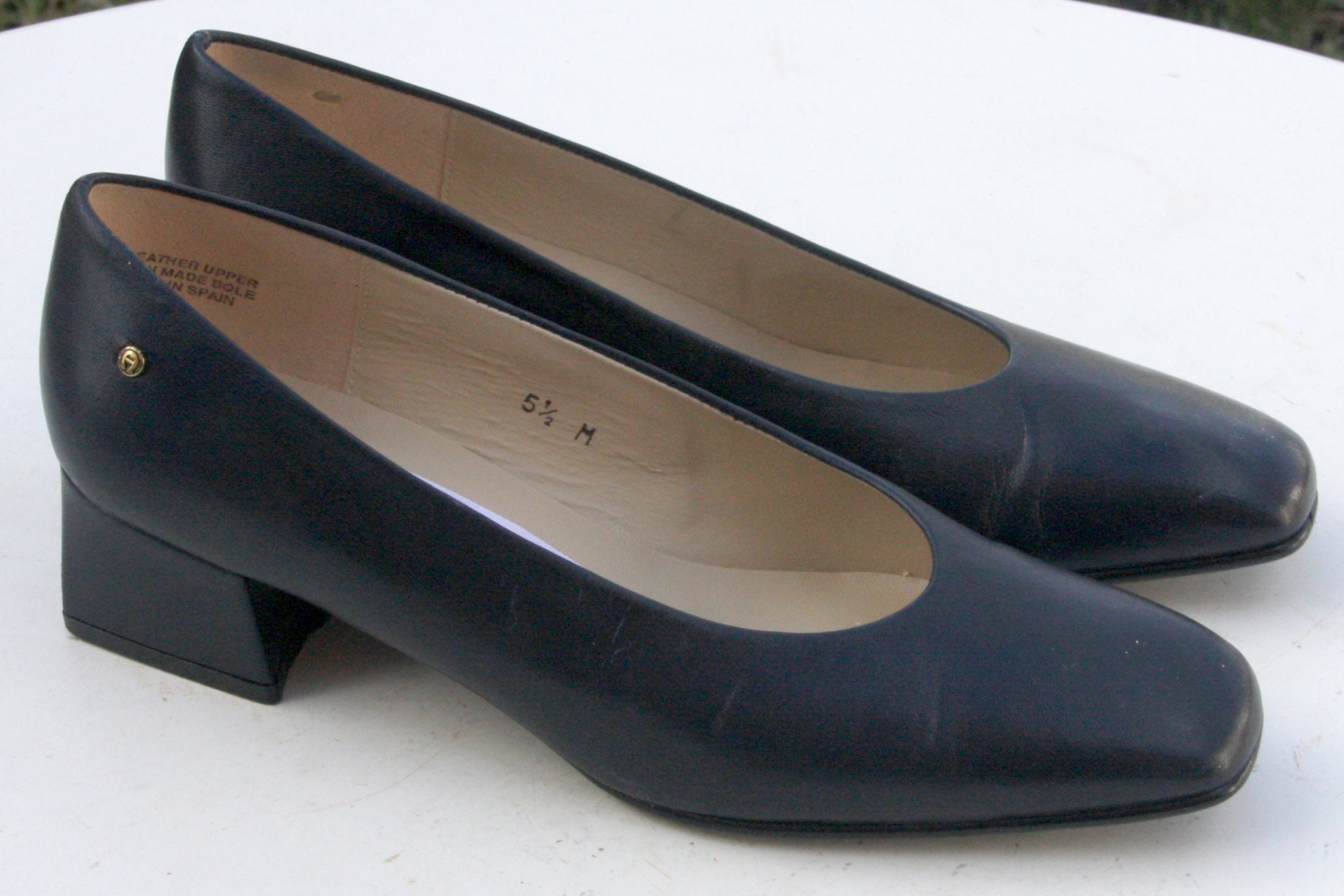 Etienne Aigner Leather Low Heel Pumps, Dark Navy, Size 5 1/2 M, 1 1/2 ...