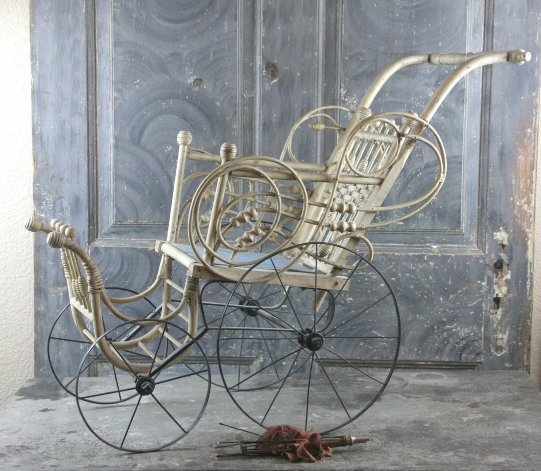 Antique Victorian Baby Doll Stroller Pram, Wicker Stick and Ball ...