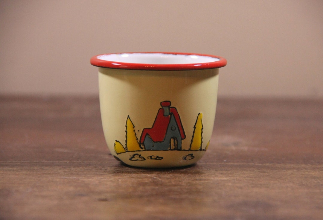 Child's Enamelware Cup, Illustration of Cottage and Pine Trees, Vintage ...