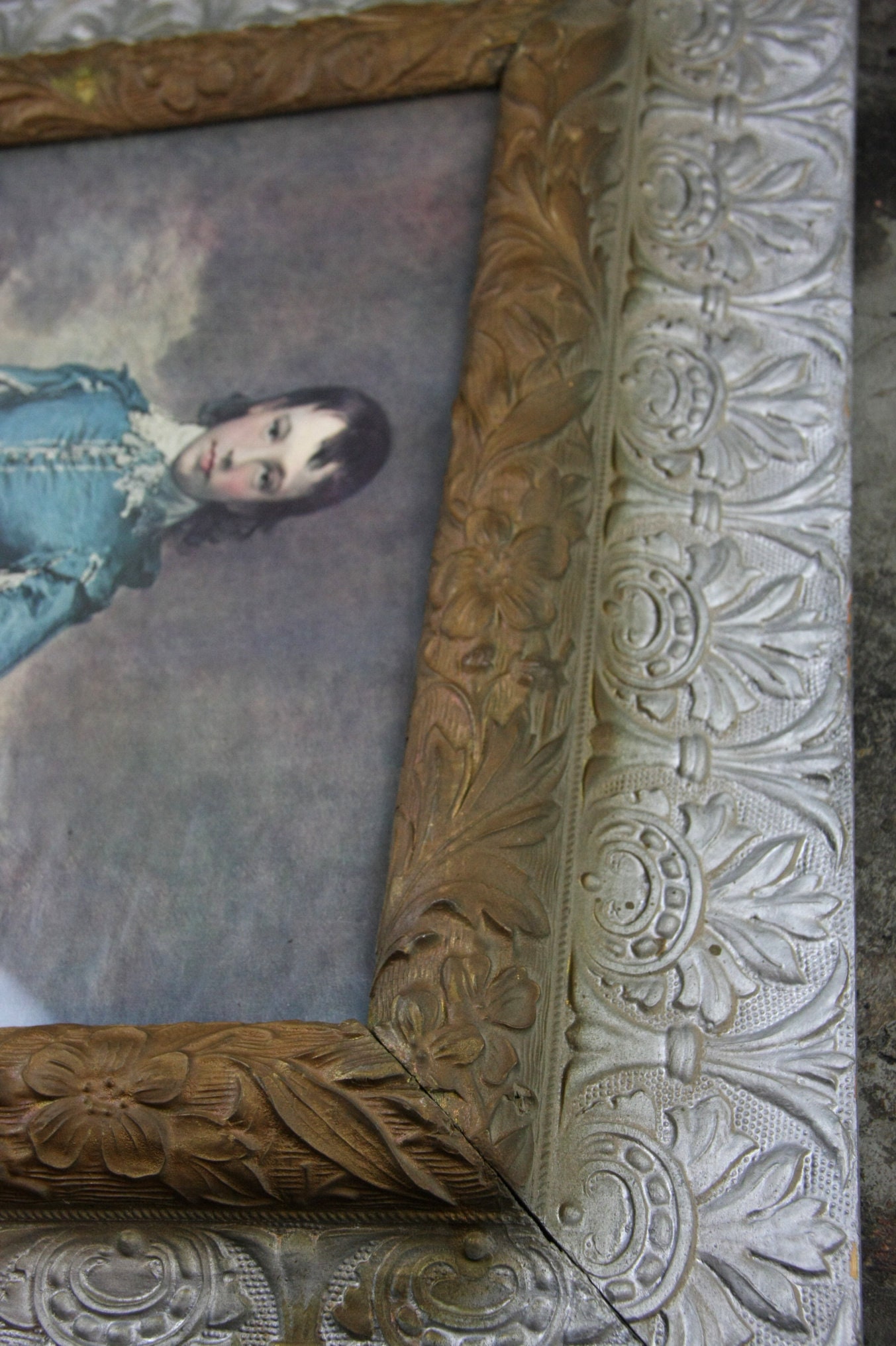 Gorgeous Large, Antique Blue Boy Framed Lithograph Print in Silver and ...
