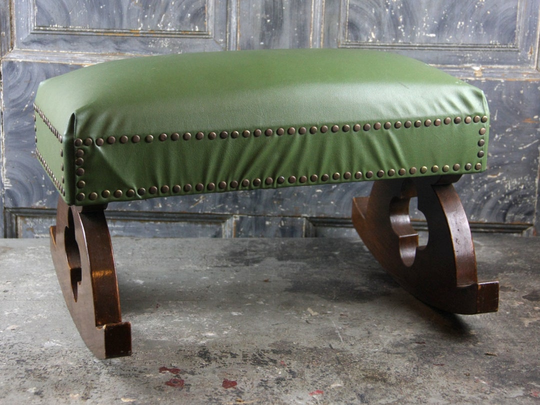 MCM Rocking Footstool, Wood, Green Leatherette, and Brass Tacked ...