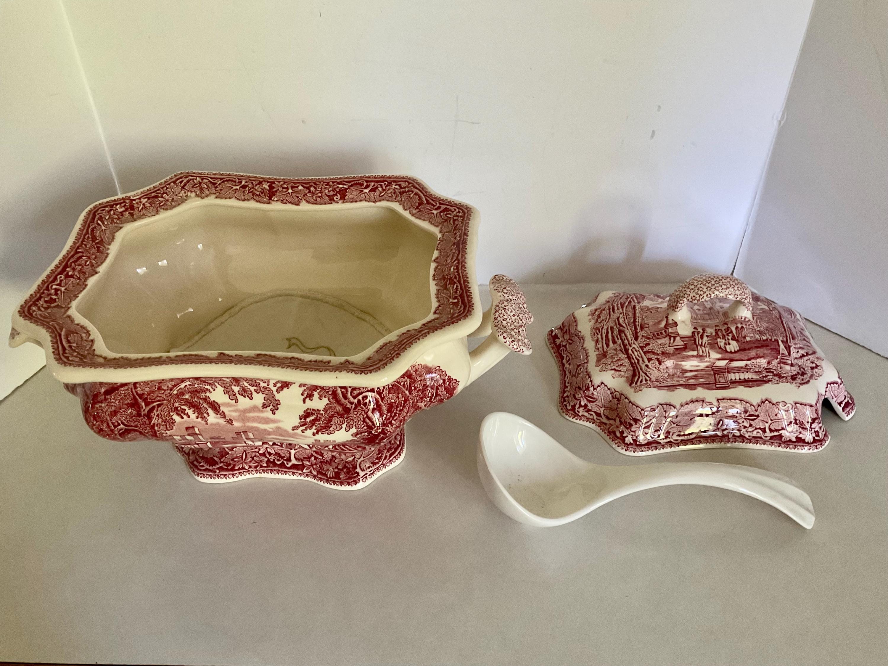 MASON'S Pink Red VISTA Bedford Shape Soup TUREEN Under Plate & Ladle ...