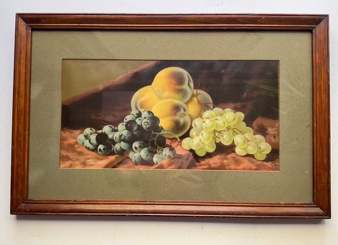 Antique Wood Framed Lithograph PEACHES & GRAPES Fruit Litho Print 21 ...