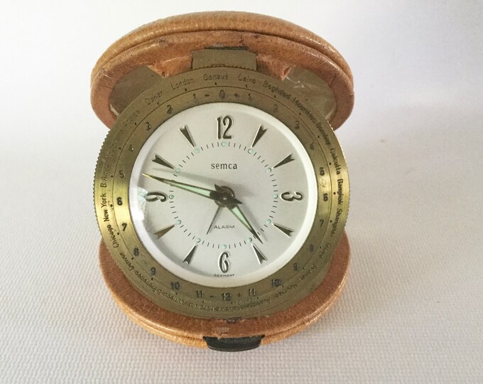 Retro SEMCA World Time Travel ALARM CLOCK Wind up Leather Clam Shell ...