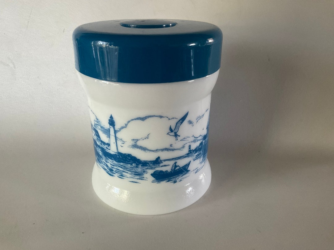 Blue & White COASTAL DECOR Milk Glass Canister Jar 6" X 5" Lighthouse ...