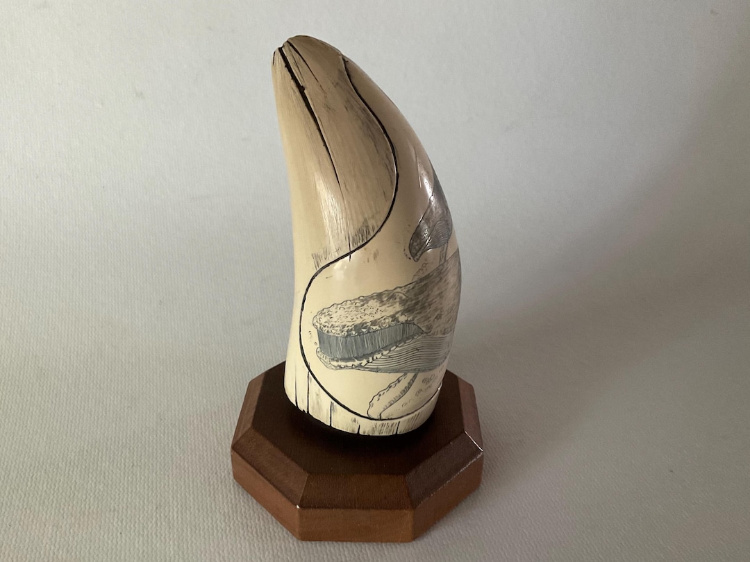 Maritime Scrimshaw Faux WHALE TOOTH Sculpture Cook Co Replica 2 Whales ...