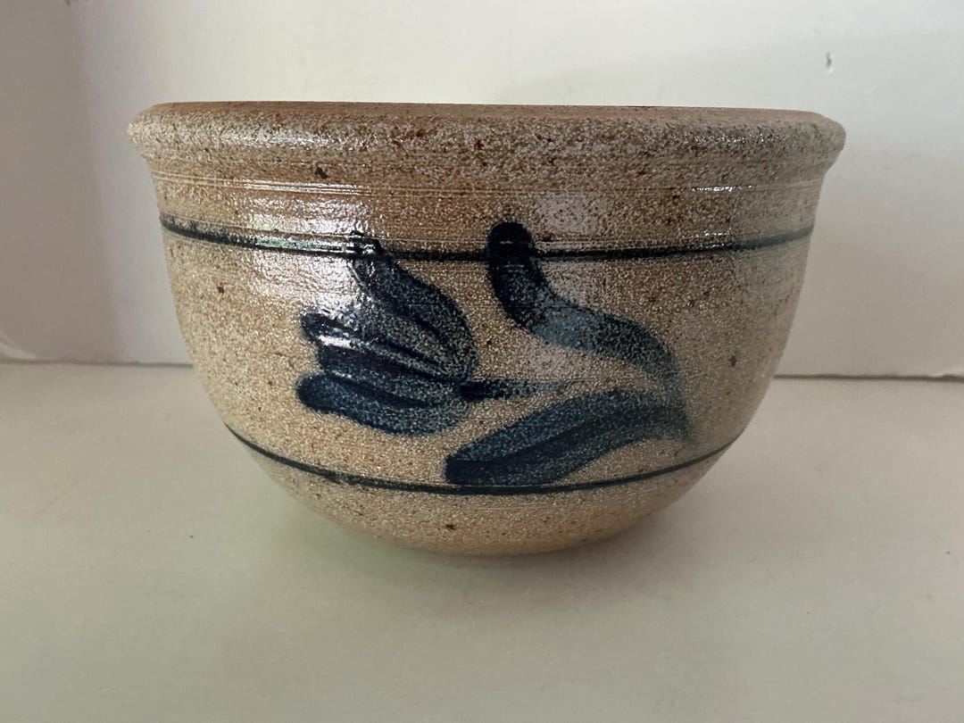 1986 ROWE Pottery Works Mixing Bowl W Tulip Flower Salt Glaze Stoneware ...