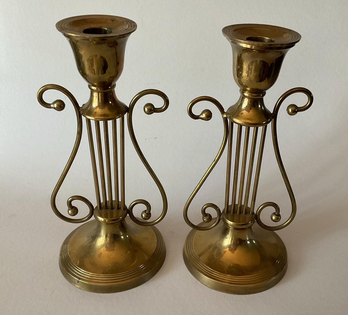 Vintage Pair Solid BRASS LYRE Harp Candlesticks 9 5/8" Andrea - Etsy