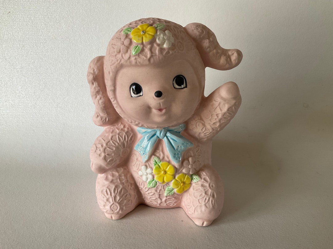 Vintage INARCO Pottery Pink LAMB Planter W/ Flowers Blue Bow Japan ...