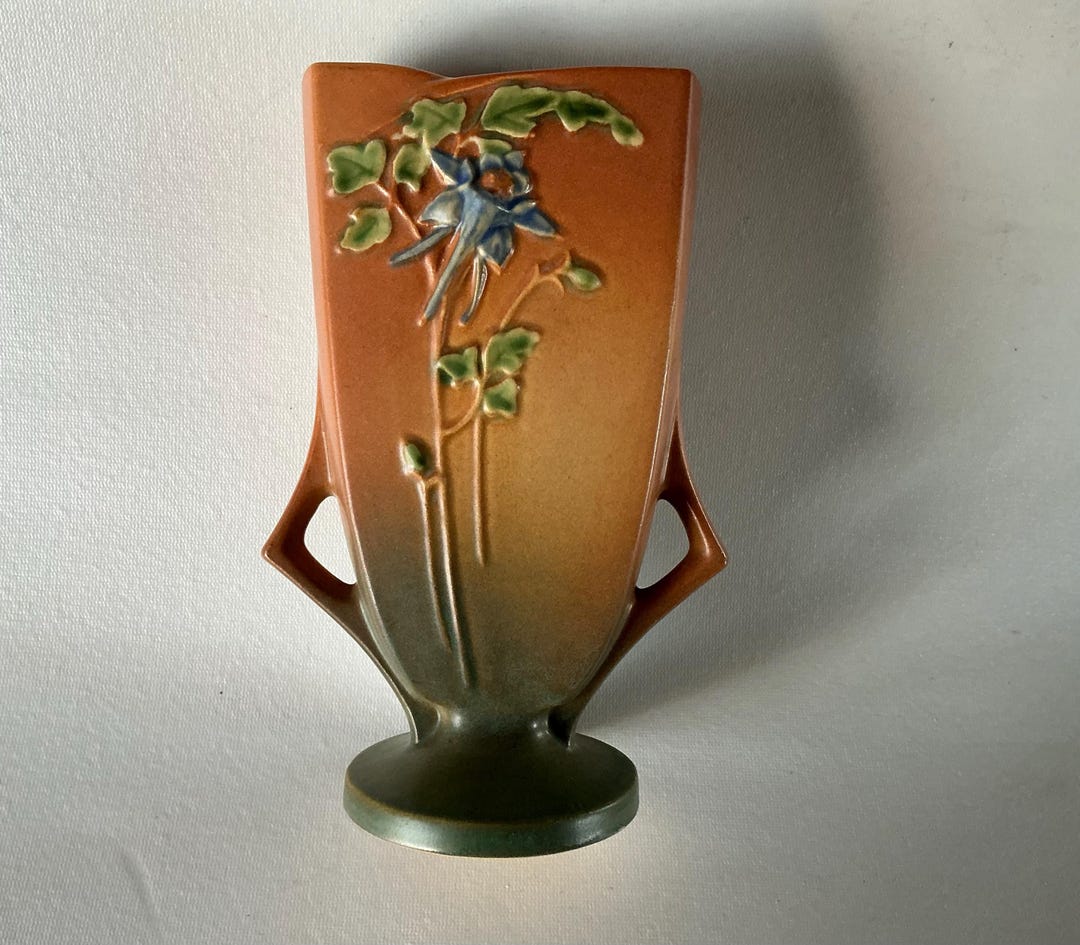 Roseville Usa COLUMBINE Pillow Vase 19-8 Brown to Green Art Pottery ...