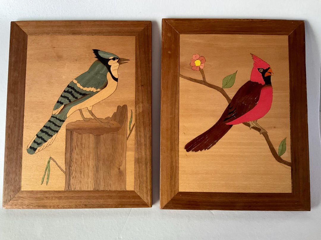 2 Inlaid Wood Marquetry Plaques Blue Jay & Cardinal Bird Vintage 8"x10 ...
