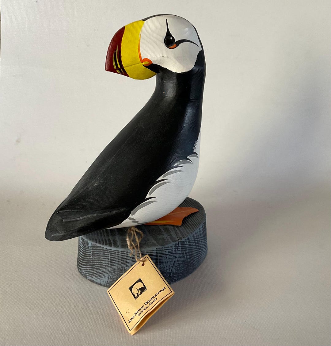 John Nelson Wood Carving Horned PUFFIN Alaska 9 1/4 W/ Feet Tag Sgd ...