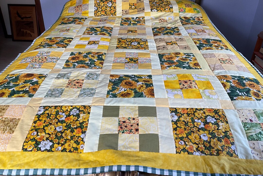Sunny Yellow & Green QUILT 52"x74" Sunflower Daffodil Yellow Susan ...