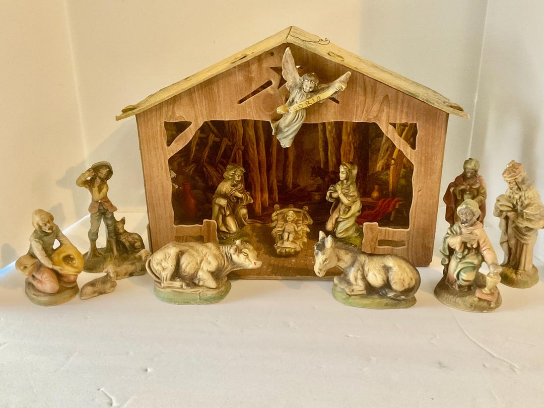 Vintage ITALY 13 Pc NATIVITY Set + Creche 5" Scale Paper Mache ...
