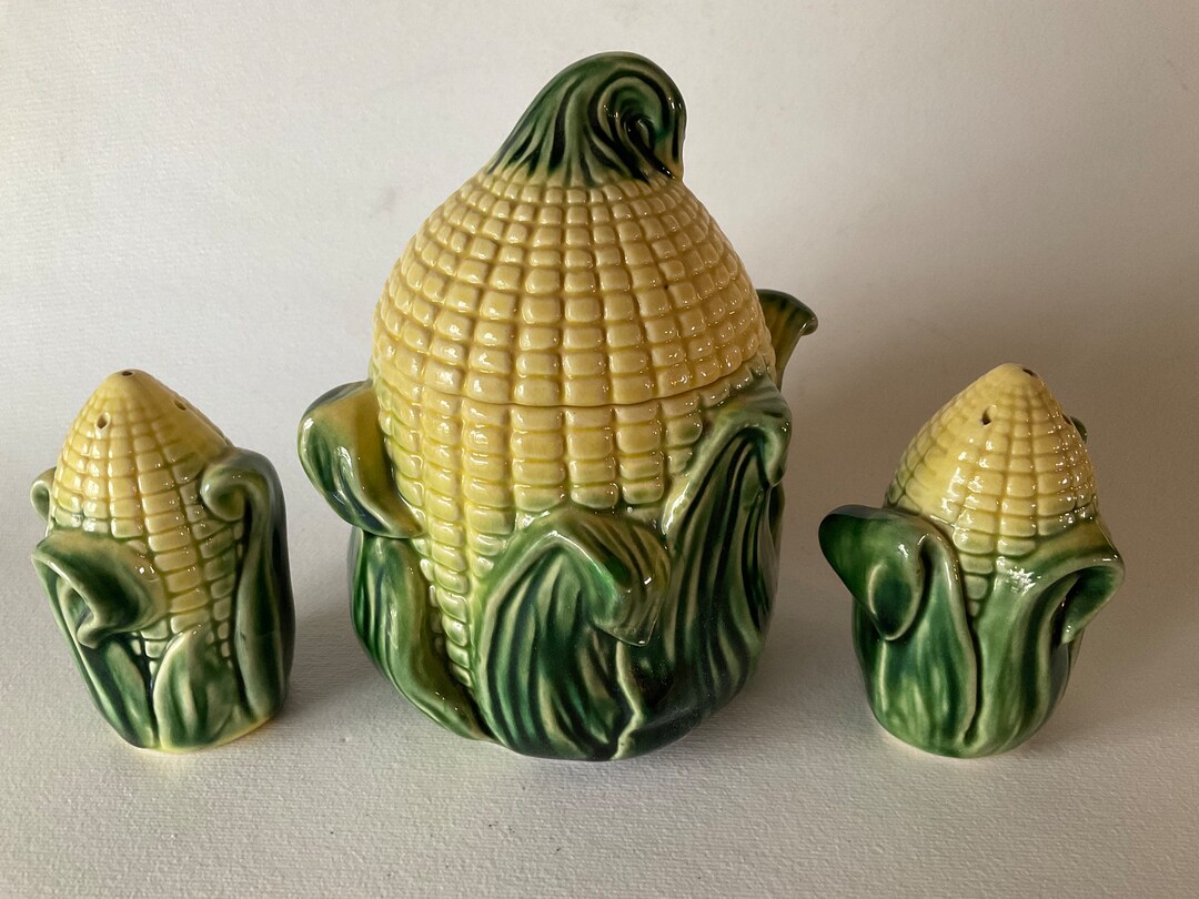 Standford MAJOLICA CORN Ware Grease Jar + Salt & Pepper Shakers Vintage ...