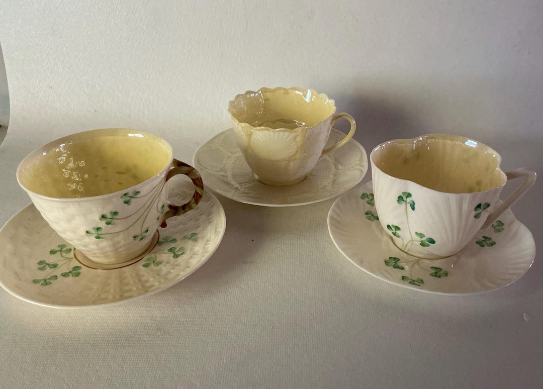 You Choose: BELLEEK Porcelain SHAMROCK Harp, New Shell Tea Cup & Saucer ...