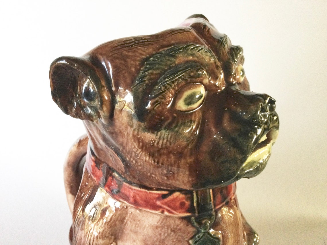 Antique MAJOLICA Pottery Figural PUG Dog Pitcher Red Collar 10 - Etsy