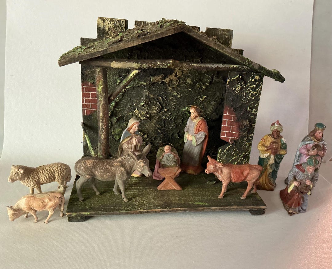 Antique 11 Pc NATIVITY Set W/ Gesso Wood CRECHE Stable 4 1/4" Scale ...