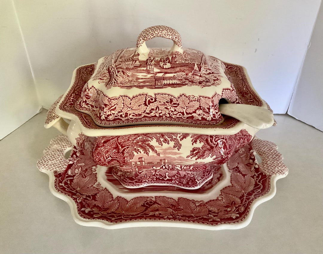 MASON'S Pink Red VISTA Bedford Shape Soup TUREEN Under Plate & Ladle ...