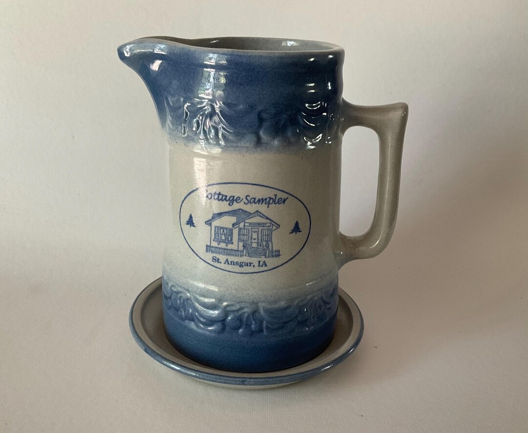 Red Wing Pitcher 7 1/2" Blue & Gray + Underplate Advertising Stoneware ...