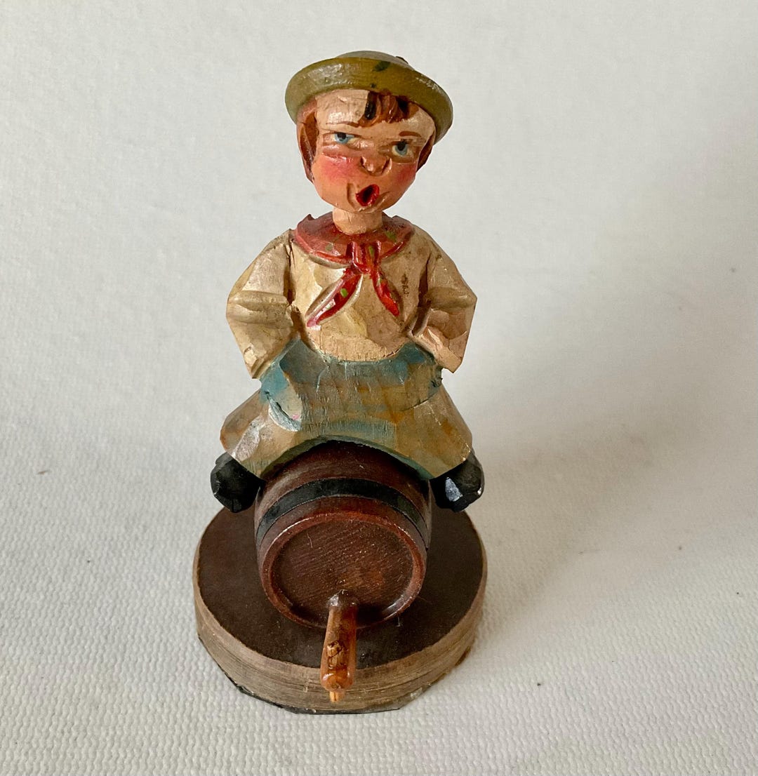 Vintage ANRI Singing Boy on Keg, Barrel Nodder Hand Carved Wood Bottle ...
