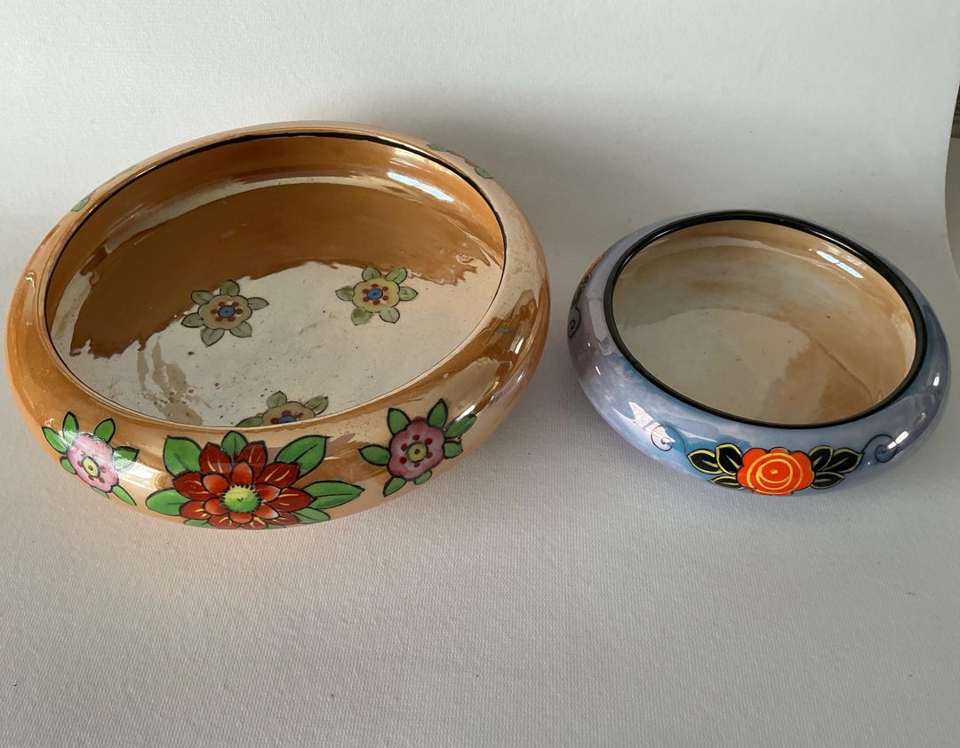 2 Art Deco Japan Floral LUSTERWARE Low Bowl S Black and Red Swallow ...