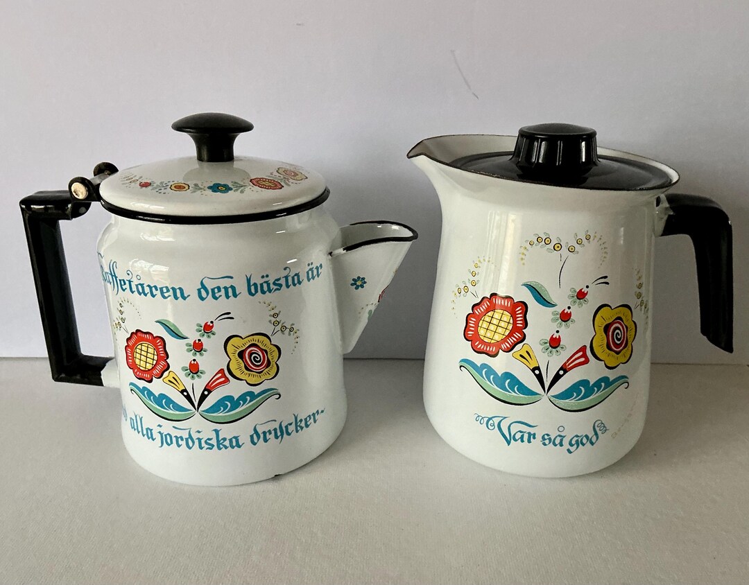 Berggren Trayner Coffee Pot & Teapot Floral Swedish Mid Century Enamel ...