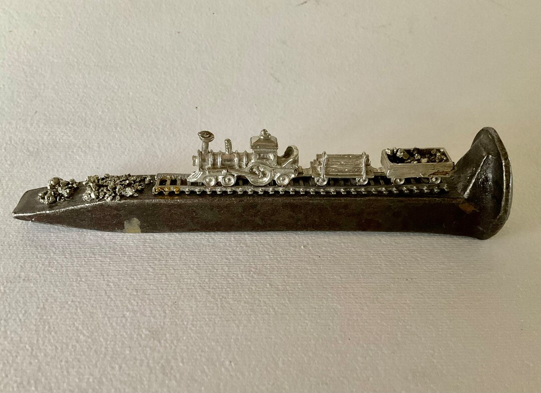Pewter Mini Train W/ Pyrite Stones on Iron Railroad Spike - Etsy