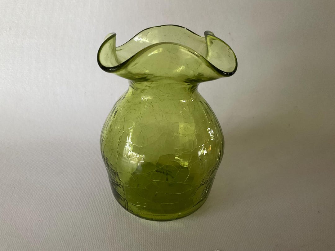 Jamestown VA Blenko Style Hand Blown Crackle Glass Ruffled Vase 5 ...