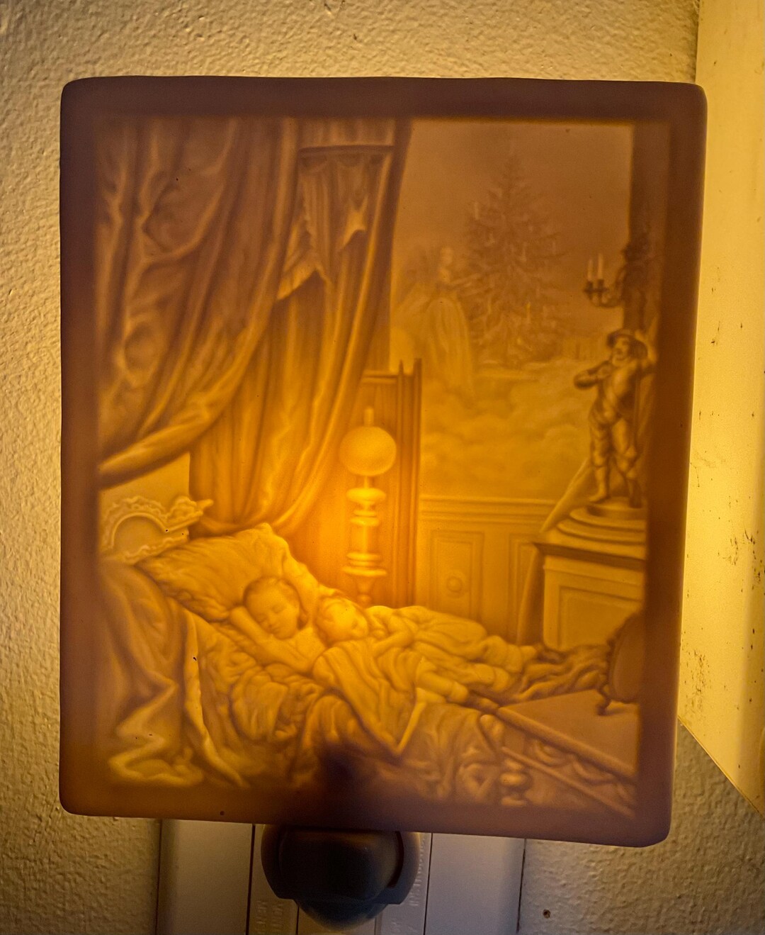 Bisque LITHOPANE Panel NIGHT LIGHT Sleeping Children W Angel Christmas ...