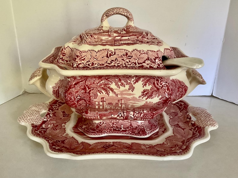 MASON'S Pink Red VISTA Bedford Shape Soup TUREEN Under Plate & Ladle ...