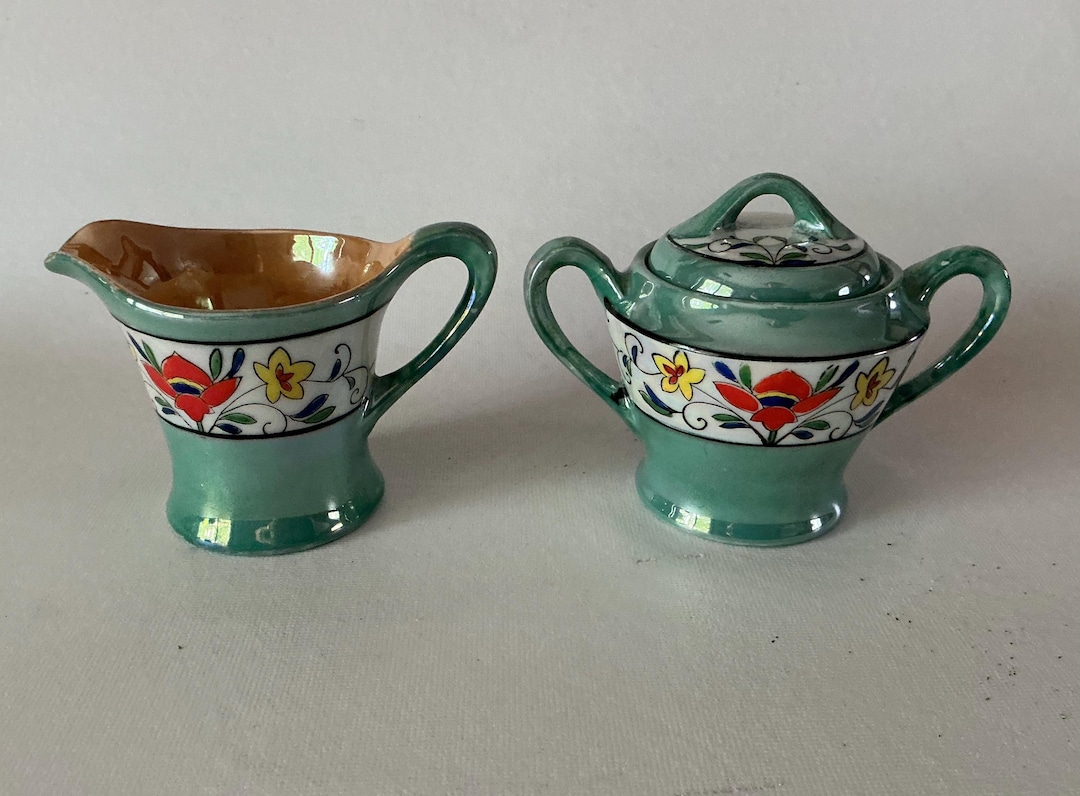 3 Pc Art Deco Japan Green LUSTERWARE Floral Creamer & Sugar Bowl TT ...