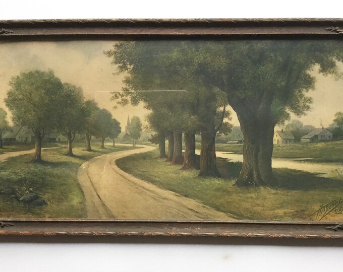 Antique Framed Art Print Signed HADLAND 08 Tree Lined Road Country ...