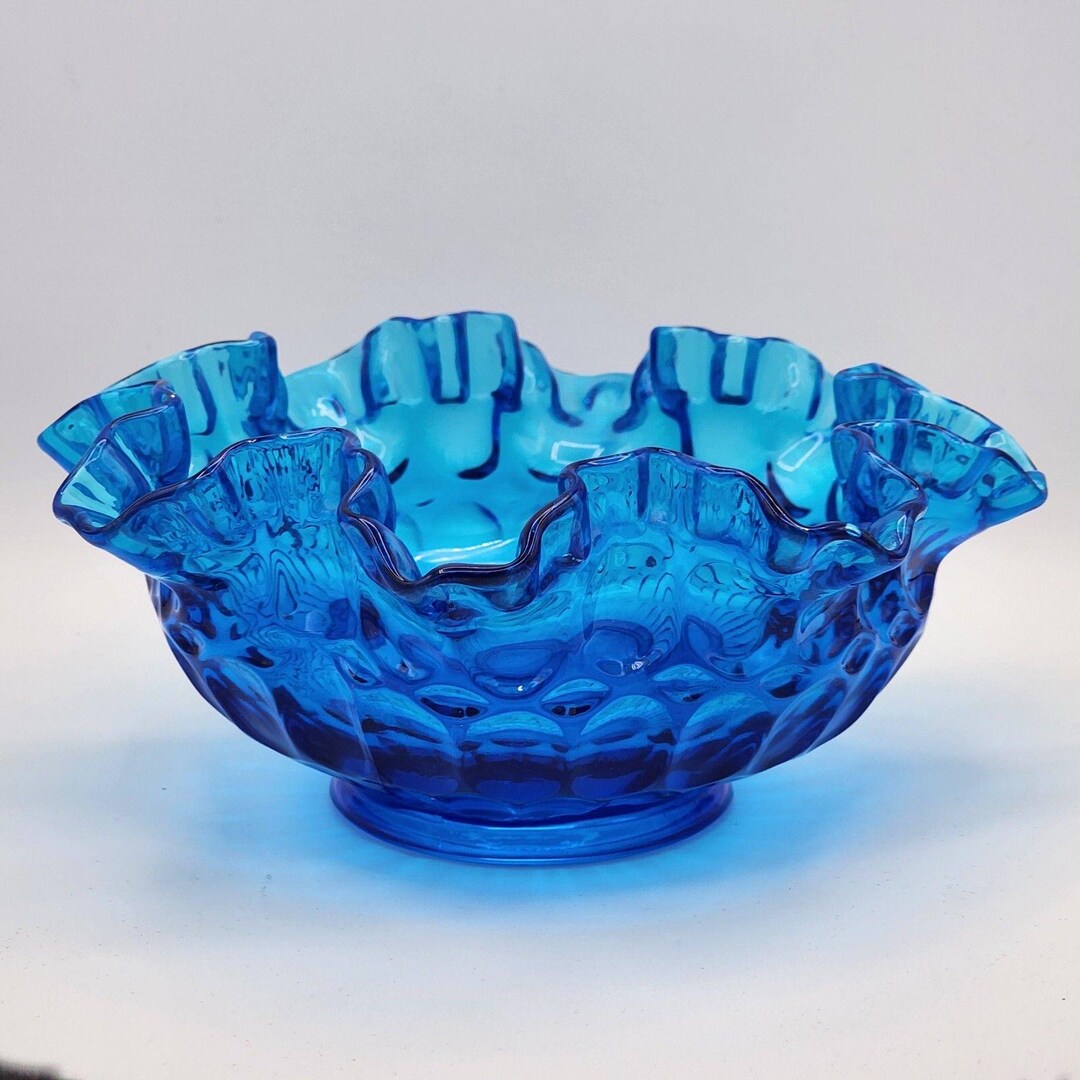VTG FENTON Glass Colonial Blue Thumb Print Double Crimp Bonbon Bowl ...