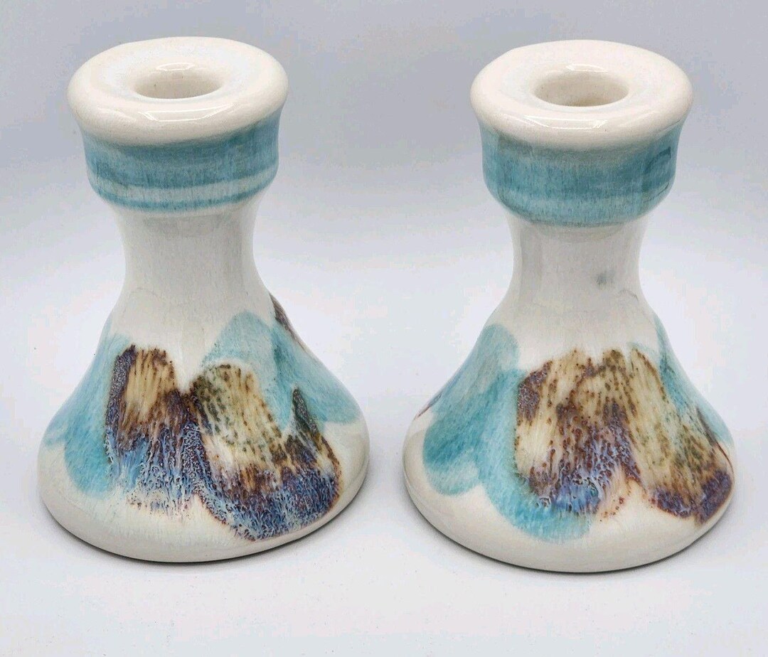 2 Studio Art Pottery Candlesticks Holders Cream Turquoise Brown Tan ...