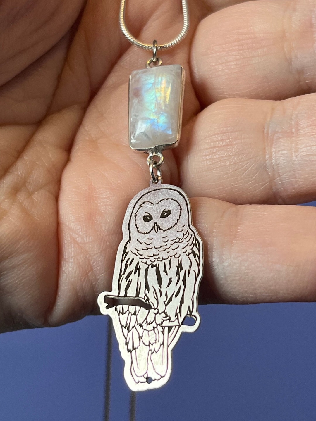 Rainbow Moonstone Owl Necklace, Silver Owl Pendant - Etsy