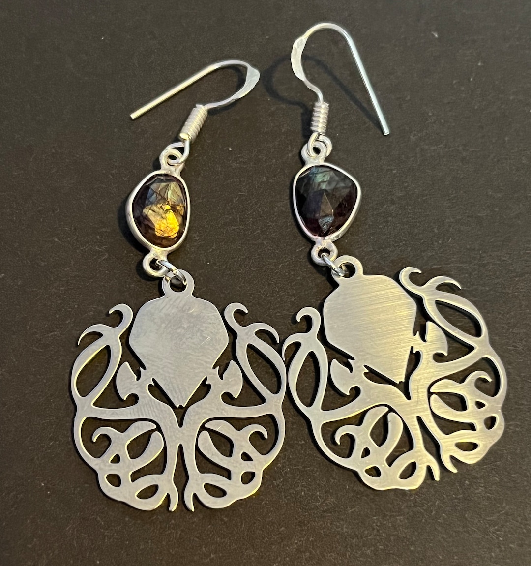 Silver Moonstone Kraken Earrings, Labradorite Eldritch Horror Jewelry ...