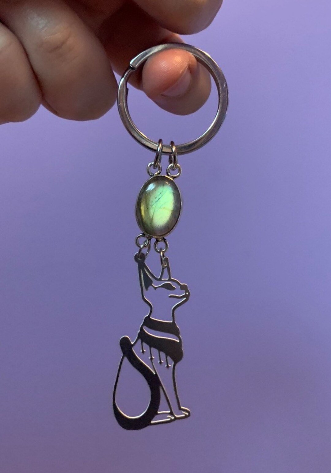 Labradorite Bastet Keychain, Cat Deity Key Ring, Egyptian Cat Crystal ...