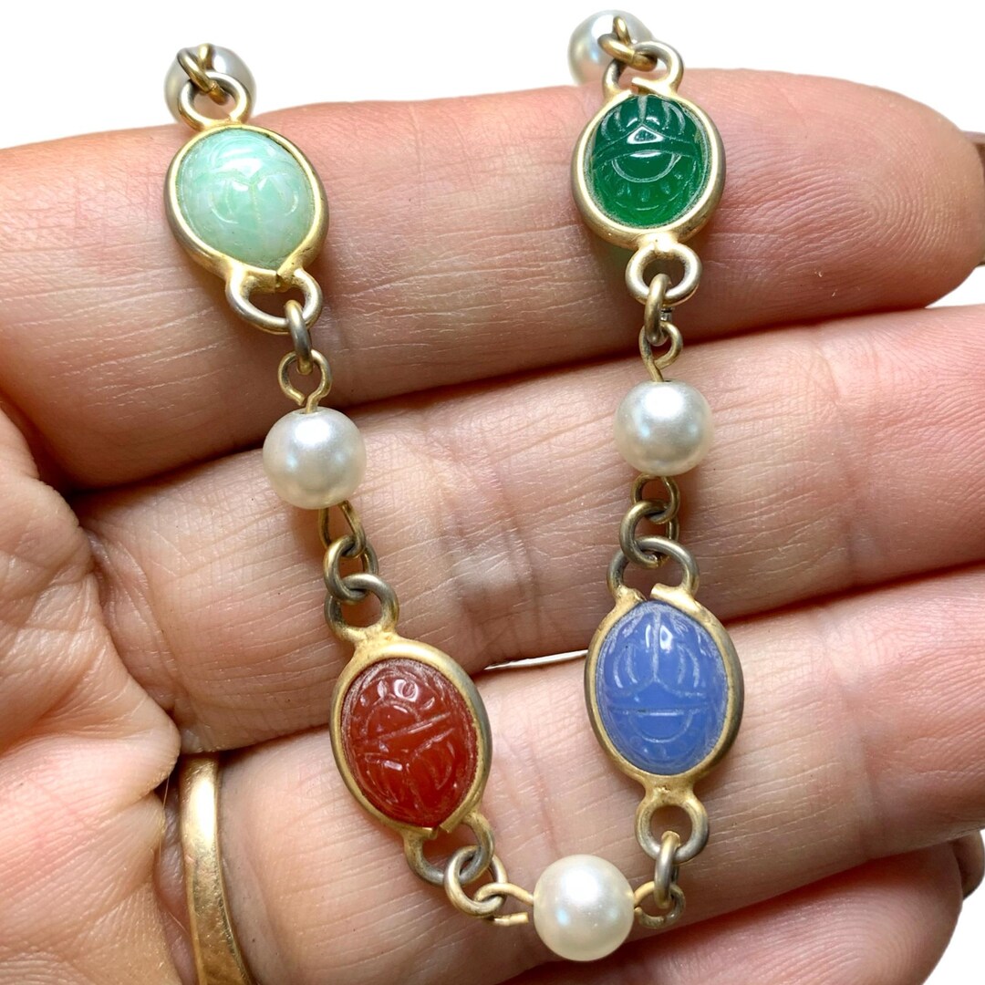 Vintage Scarab Bracelet, Gold Plate With Gemstones, Egyptian Revival - Etsy