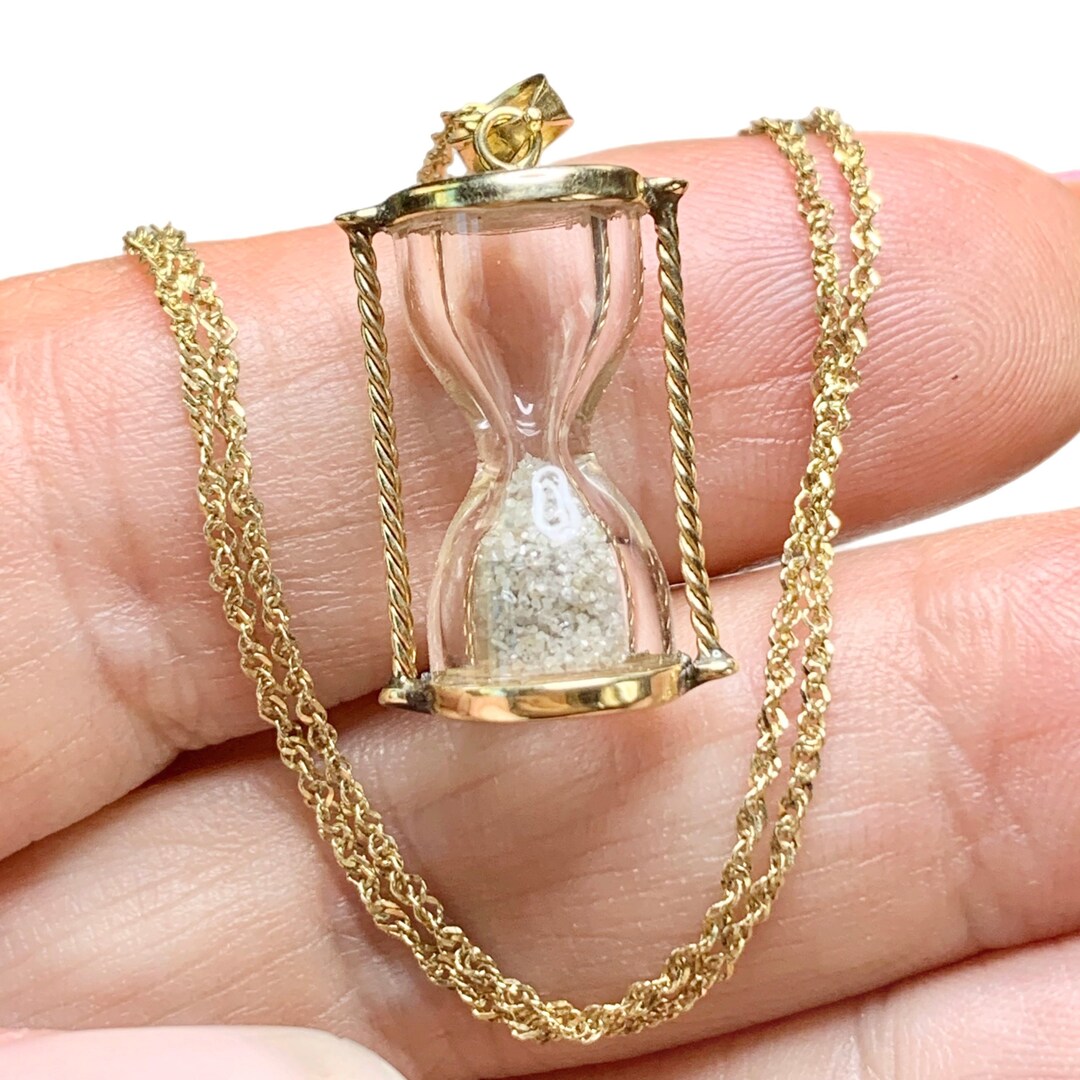 Vintage 10k Gold Hourglass Pendant Necklace, With Diamond Dust, 18 ...