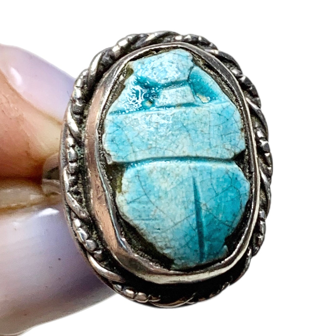 Vintage Scarab Beetle Ring, Faience + Sterling Silver, Egyptian Revival ...