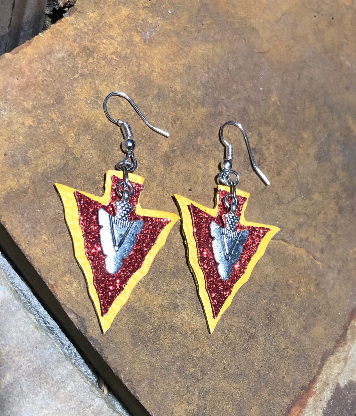 Red and Yellow Arrowhead Leather Earrings | Etsy