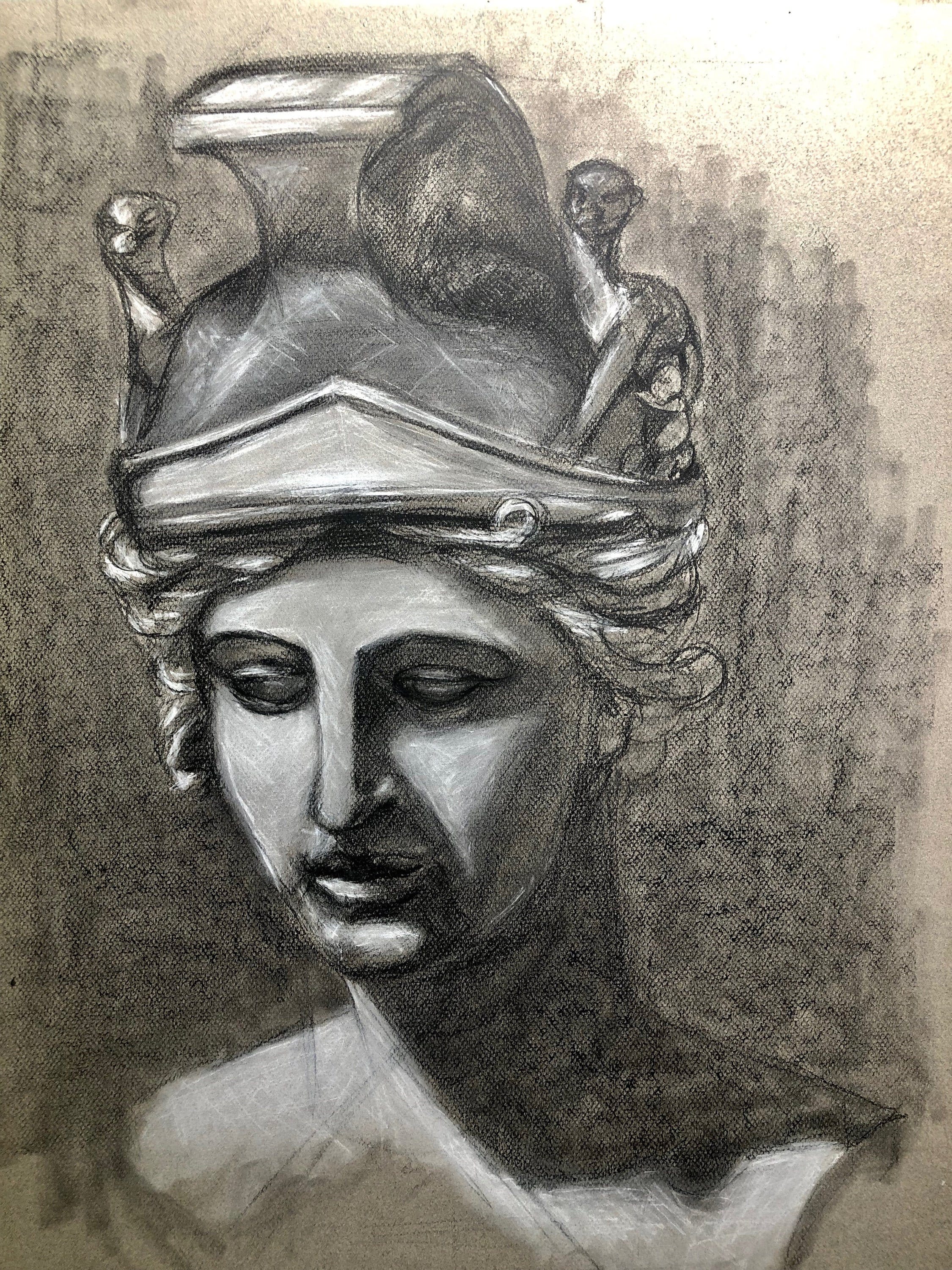 Charcoal and Chalk Drawing on Toned Paper Roman Statue of Athena Hermes ...