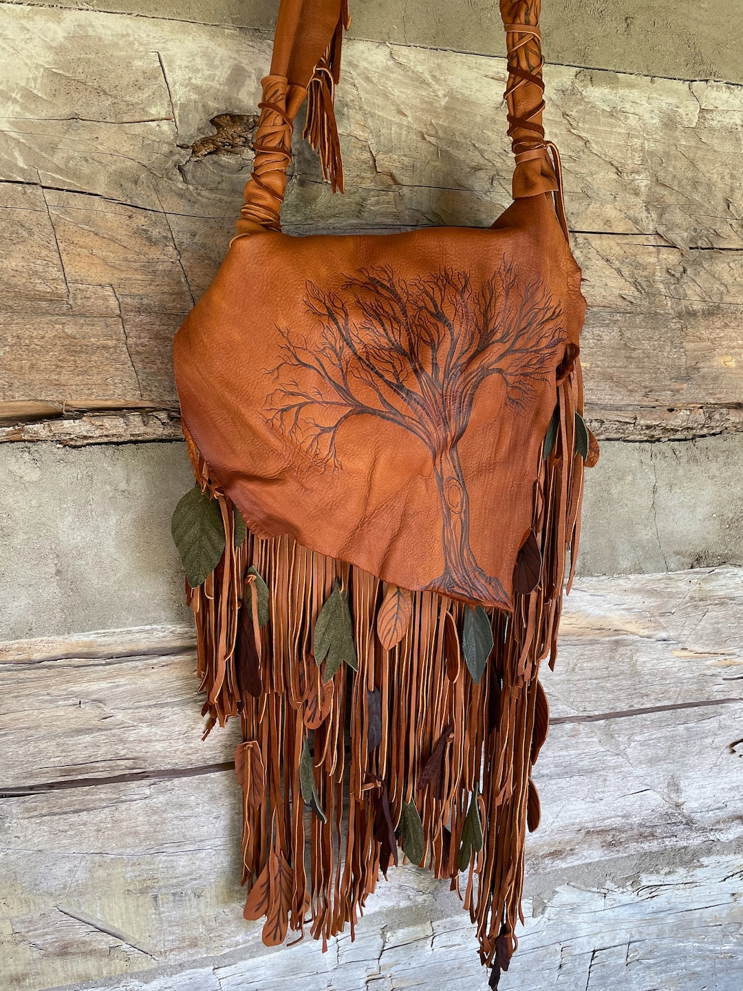 Tree Purse, Fall Purse, Fringed Leather Purse, Crossbody Bag, Hippie ...