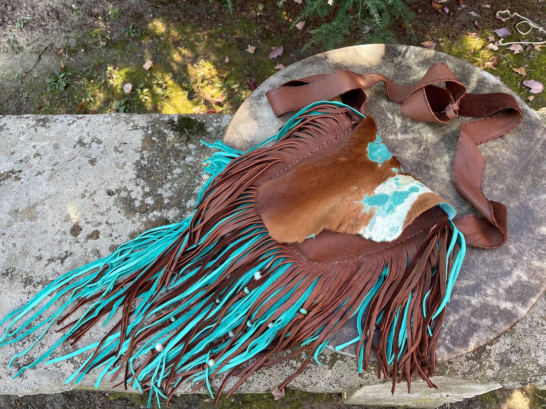 Turquoise and Brown Leather Purse, Fringe Leather Bag, HOH Purse ...