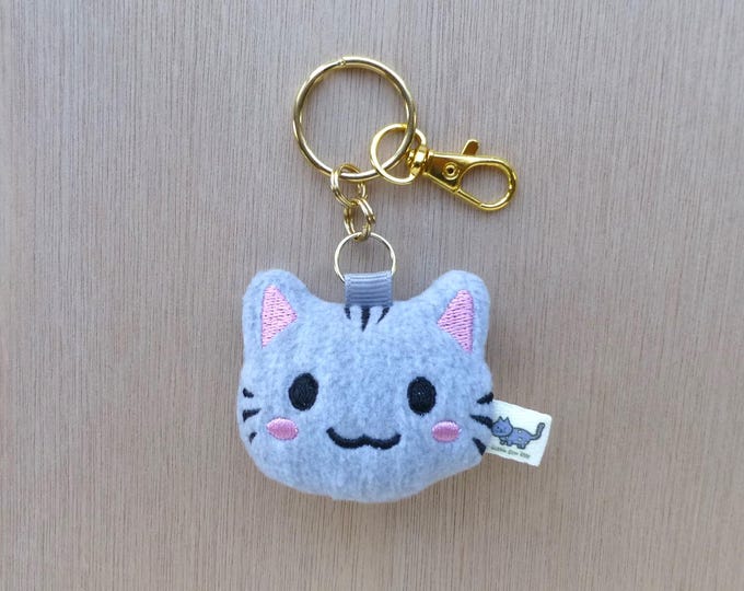 Kitty Face Keychain Heather Grey With Black Stripes - Etsy